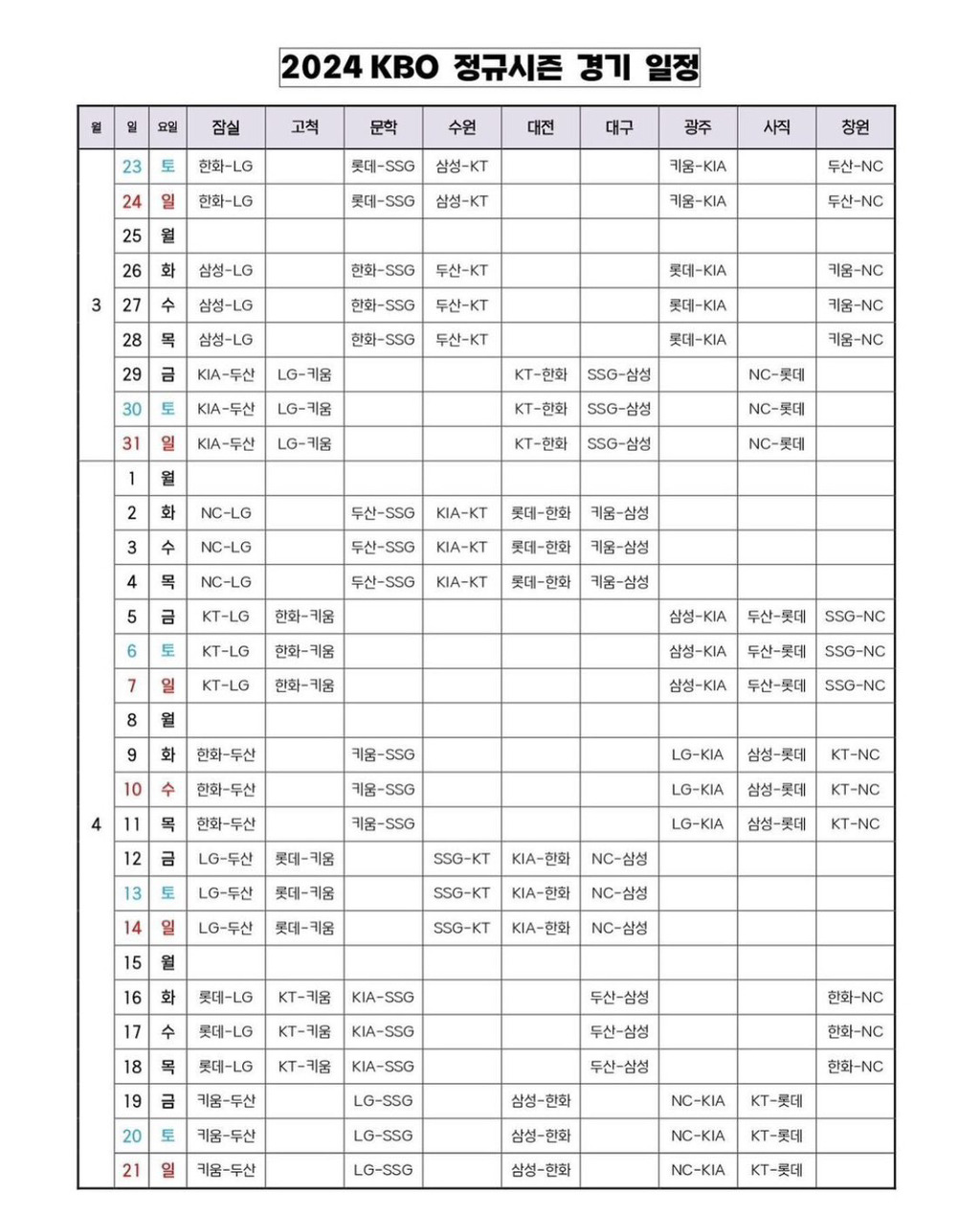 10번째 심장 KT 위즈 | 정규시즌 일정 떴다!! - Daum 카페