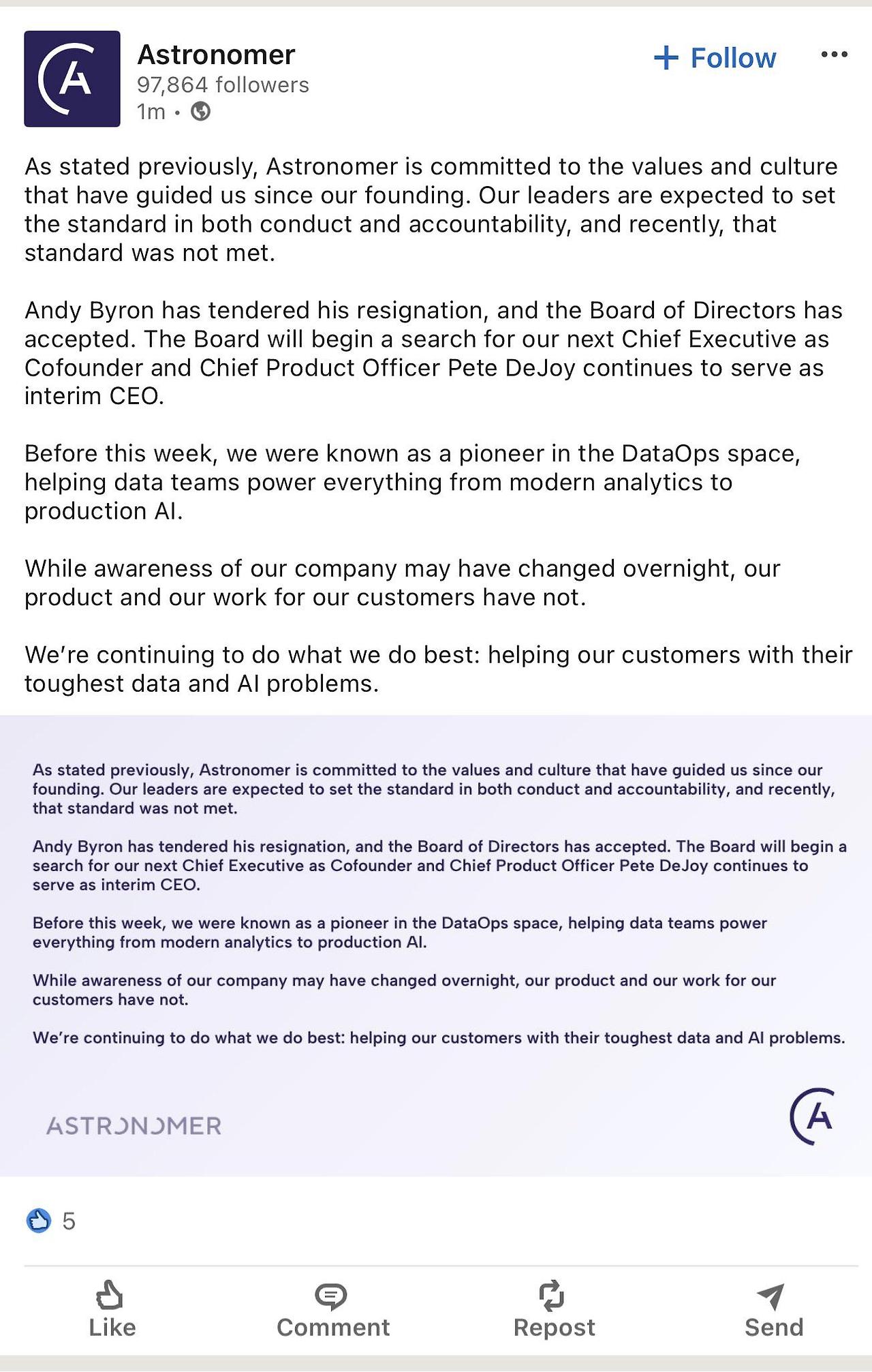 미국 Astromer 대표의 불륜 사건