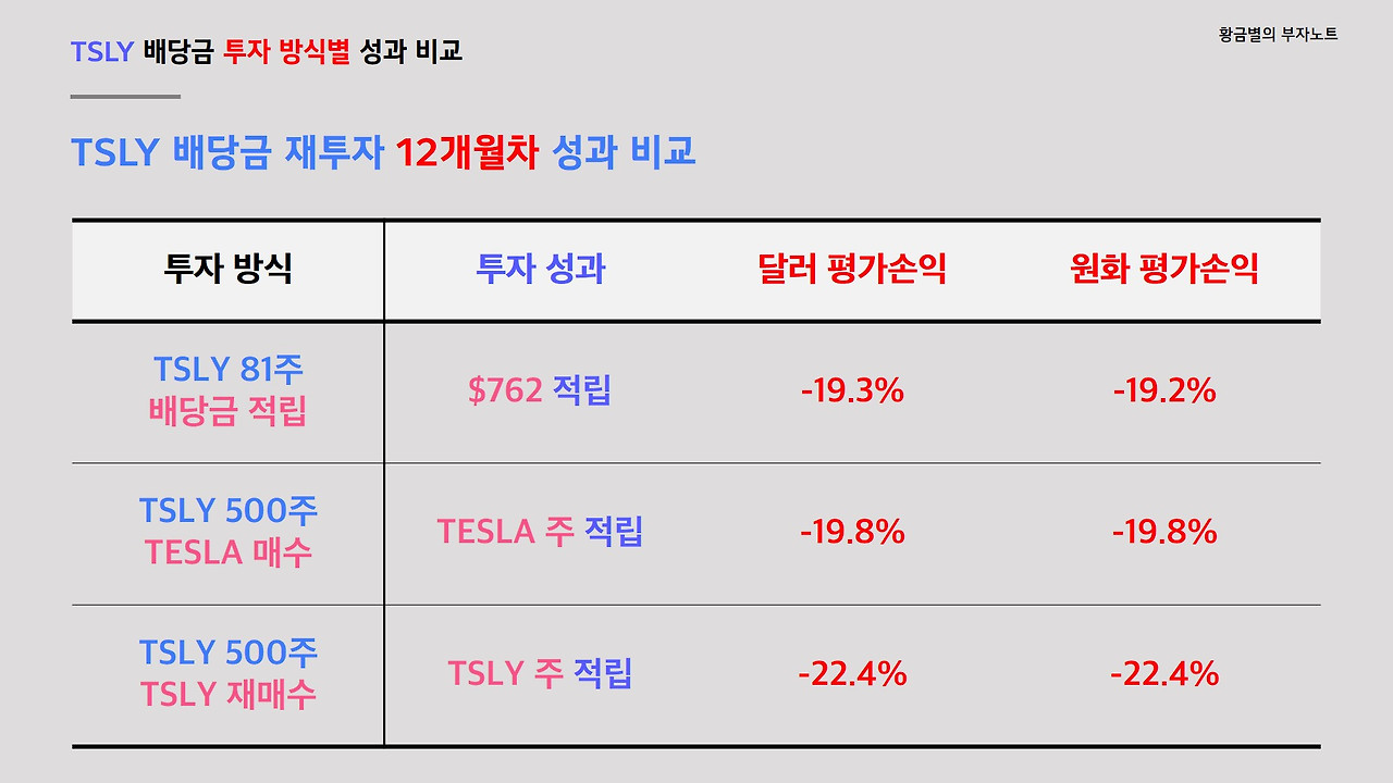 TSLY 배당금 재투자 12개월차 성과