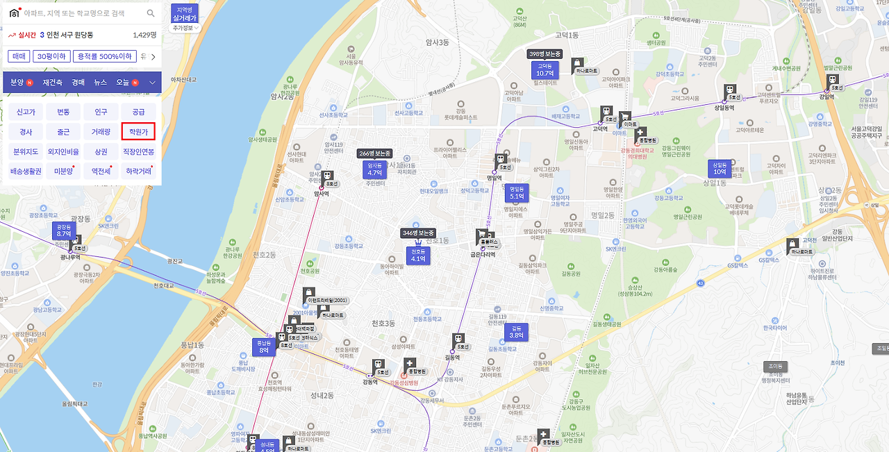 서울시 강동구 입지 분석 직장교통학군환경