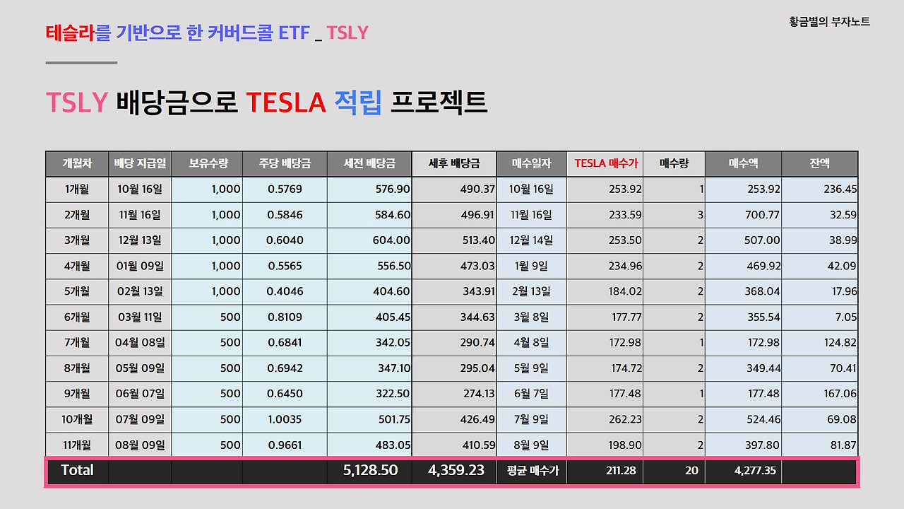 TSLY 배당금을 11개월 동안 적립했는데..