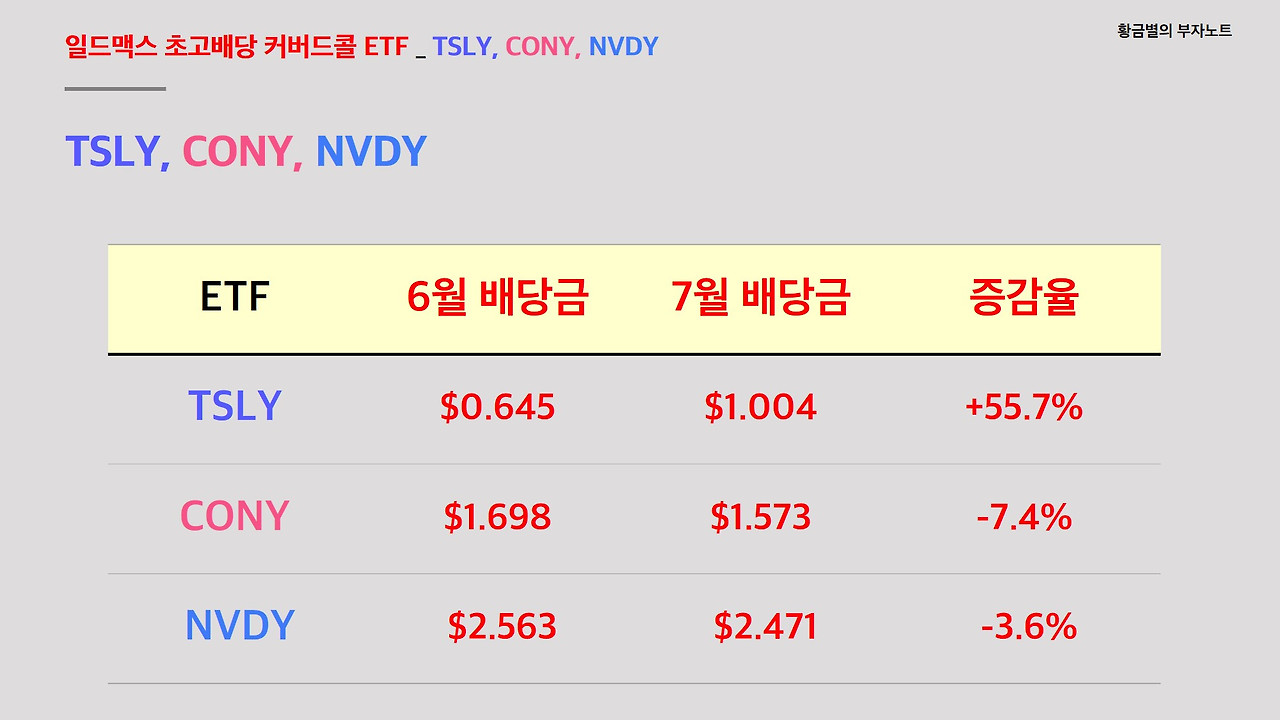 CONY TSLY NVDY 7월 배당속보