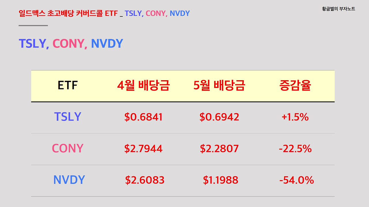 배당률 100% CONY, NVDY, TSLY 배당정보
