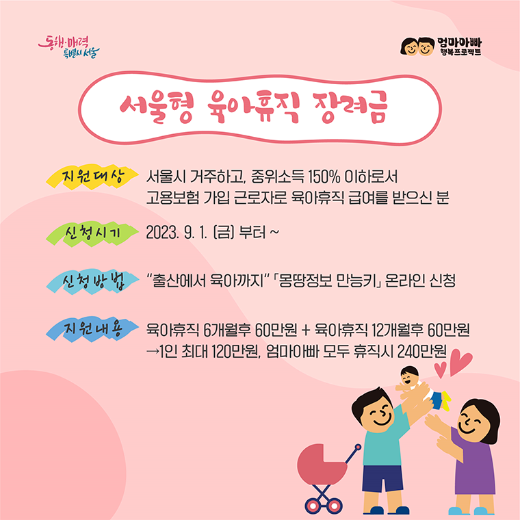 육아휴직한 엄마아빠에게 장려금 최대 240만원 지원