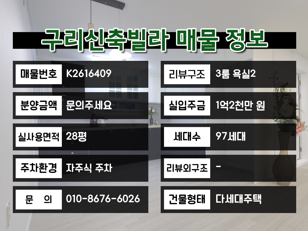 구리신축빌라 매매 인창동 3룸에어컨4대 초등학교 인접