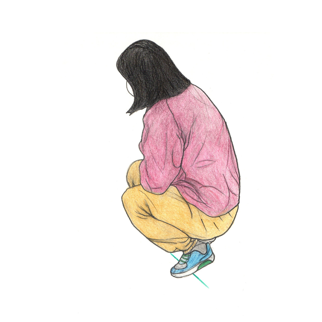 쪼그리고 앉아 노는 아이를 지켜보는 엄마