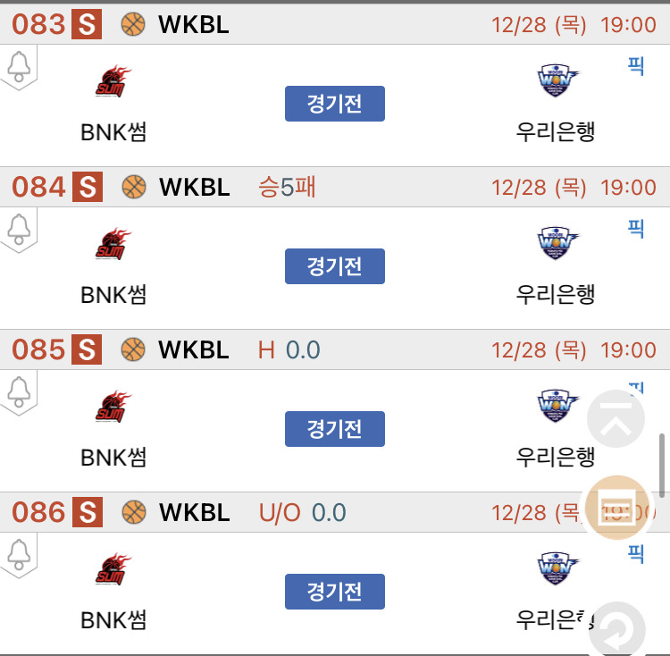 12월 28일 대구가스공사 대 KT, 소노 대 정관장, 모비스 대 서울삼성, BNK썸 대 우리은행, 현대캐피탈 대 한국전력 경기 추천픽