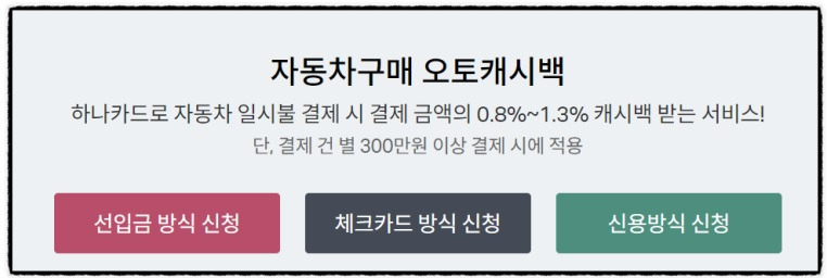 자동차 구입 시 카드 오토캐시백 잘 받는 방법선입금 방식신용방식신용카드캐시백체크카드캐시백일시불 오토캐시백하나카드 오토캐시백
