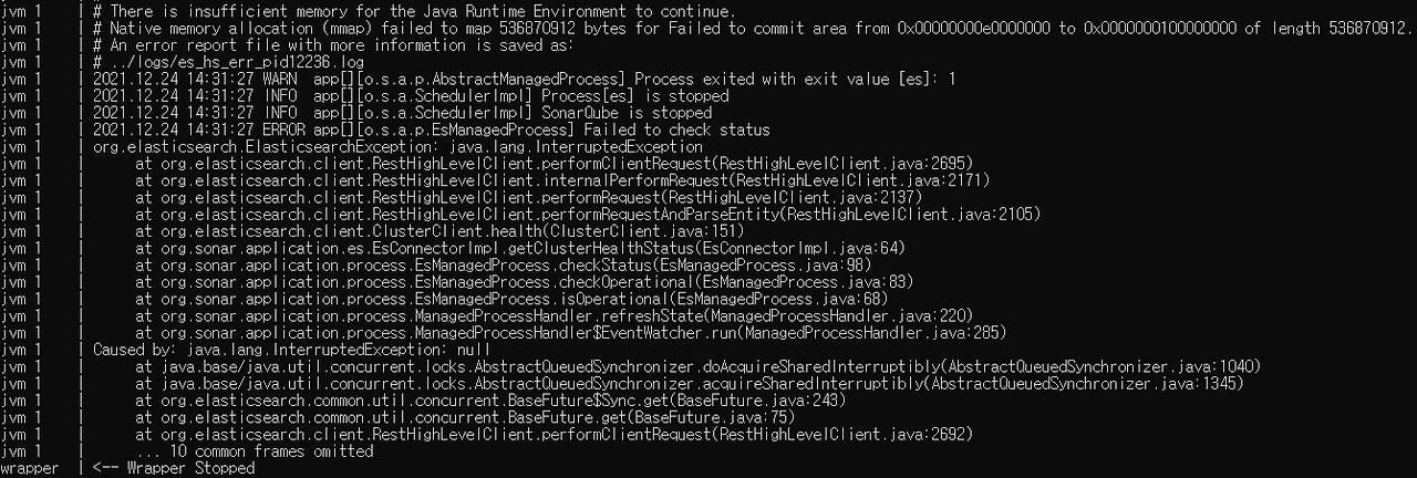 Sonarqube 설치시 org.elasticsearch.ElasticsearchException: java.lang.InterruptedException 조치