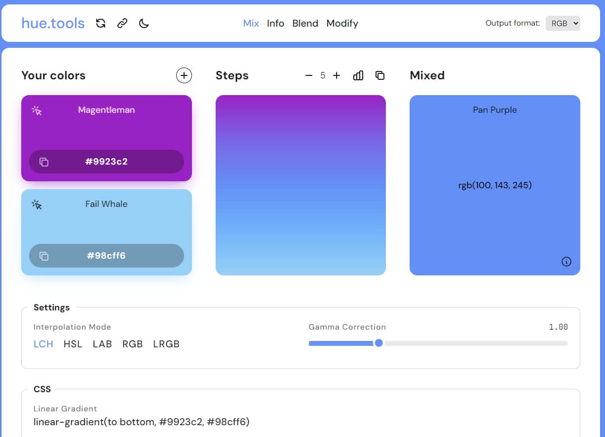 색상을 다루는데 유용한 색상 도구 사이트 Hue Tools