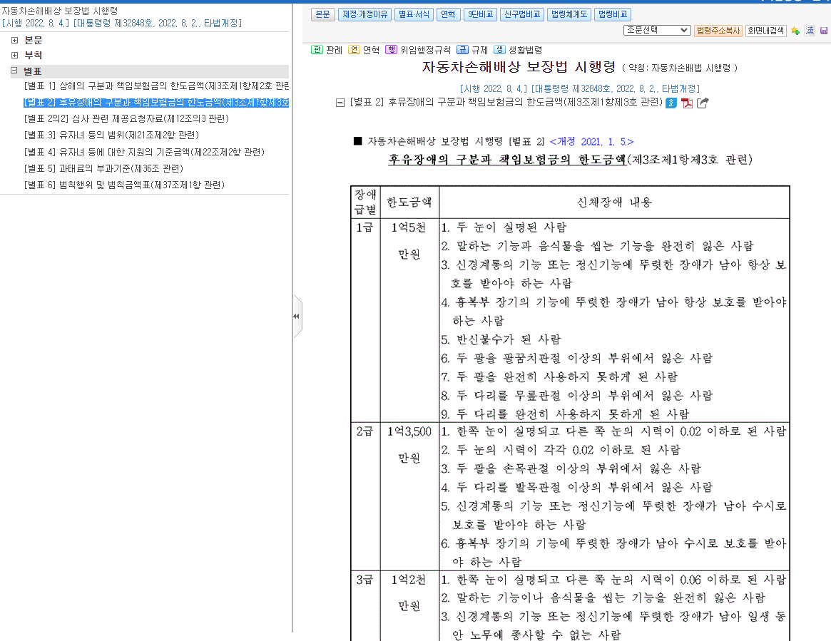자동차보험 대인배상 I 급수별 보상한도상해 후유장애