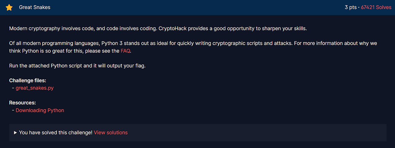 [WriteUp] / [CryptoHack - Great Snakes]