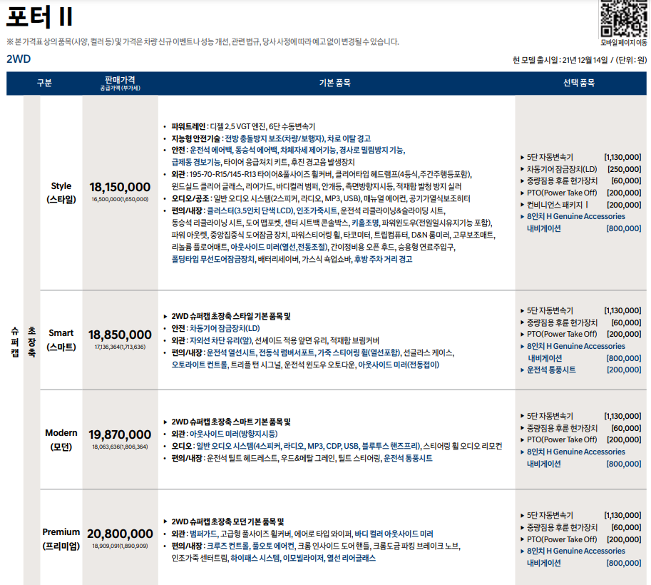 1톤 트럭 중고차 가격 시세표 23년 1월 기준 포터 봉고