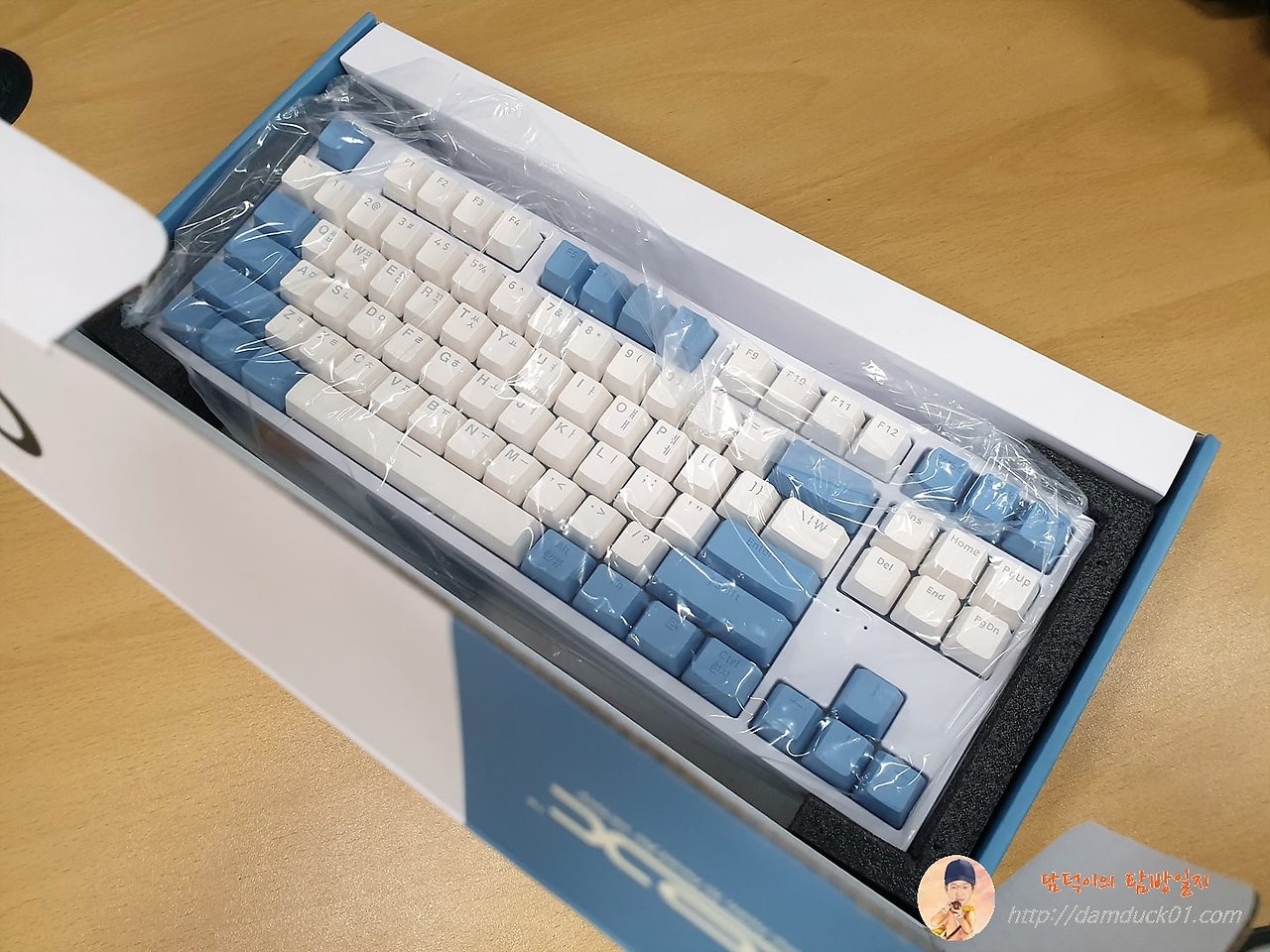 보급형 기계식 키보드. COX CK87 게이트론 기계식 게이밍 LED 텐키리스 크림 블루 믹스.