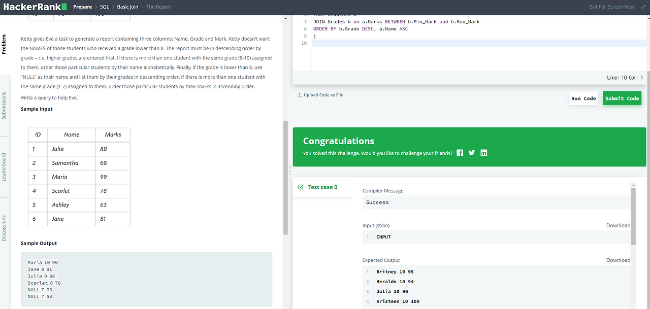 [MySQL] HackerRank - The Report 해답 및 오답 노트