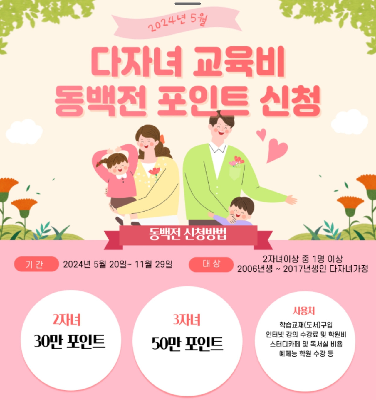 부산시 다자녀 교육비 지원 동백전 포인트로 받는 방법과 신청조건 및 시기 알아보기