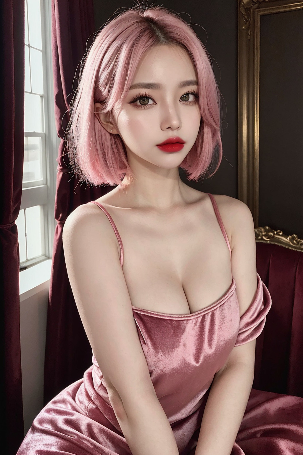 Ai로 생성한 핑크머리 이브닝 드레스 입은 여자 이미지 생성하기