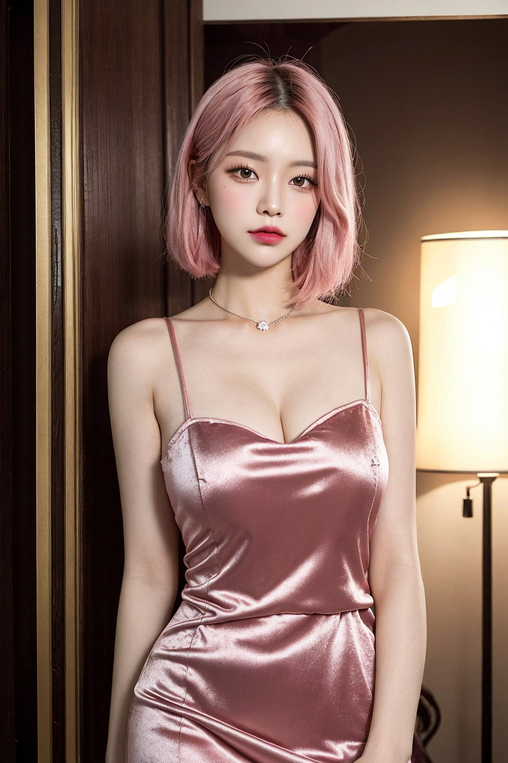Ai로 생성한 핑크머리 이브닝 드레스 입은 여자 이미지 생성하기