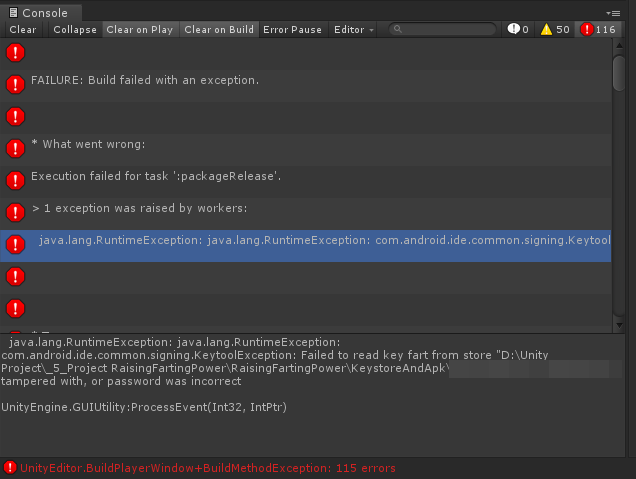 [Unity] 유니티 Error:Execution failed for task ':app:packageRelease'. 블라블라. 유니티 빌드할 때 이런 에러가 뜬다면..