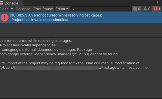 An error occurred while resolving packages: Project has invalid dependencies: com.google ...