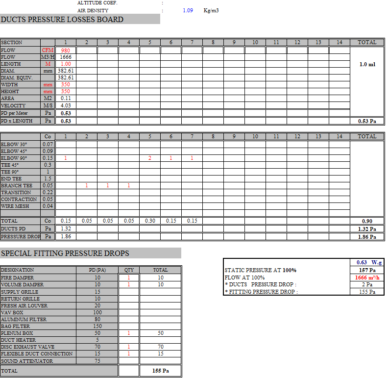 Fan Static Head 계산 시트