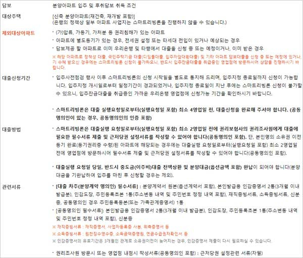 우리은행 신규 분양 아파트 입주시 잔금 대출 한도 조건