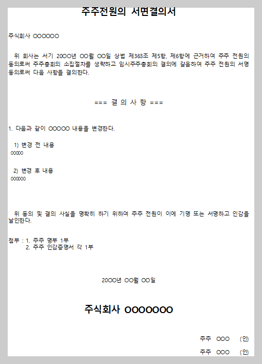 법인 운영 주주 전원의 서면 결의서 쉽게 설명드립니다 양식 공유