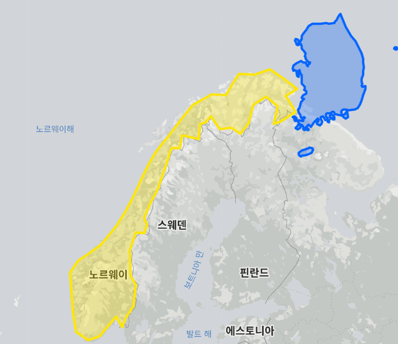 노르웨이 Vs 한국 비교땅 면적 지도 비교 인구수