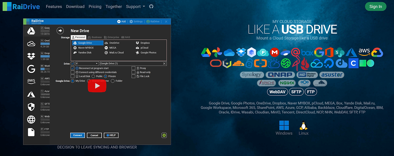 RaiDrive – 클라우드를 USB 드라이브처럼 사용하기