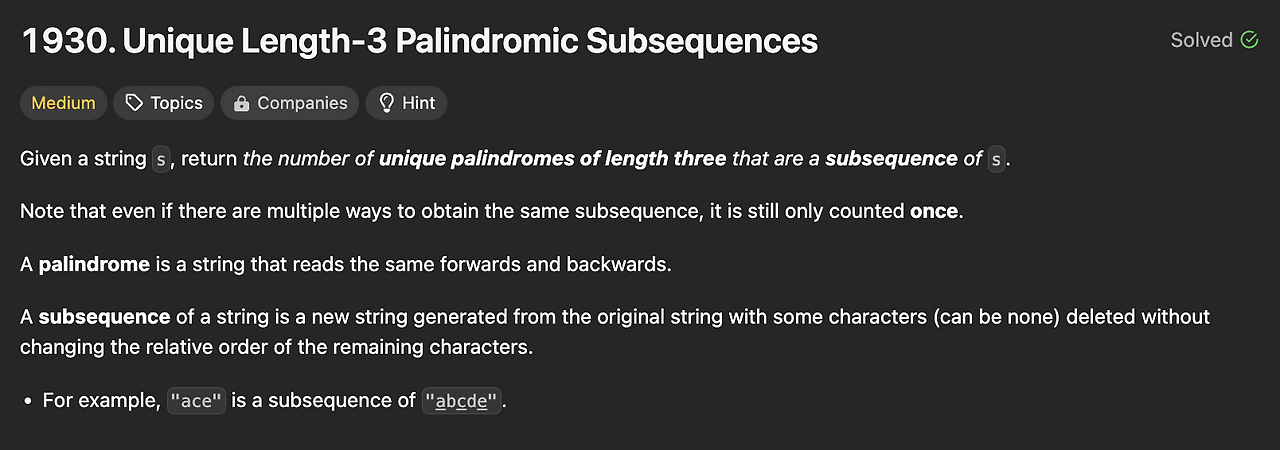 1930. Unique Length-3 Palindromic Subsequences