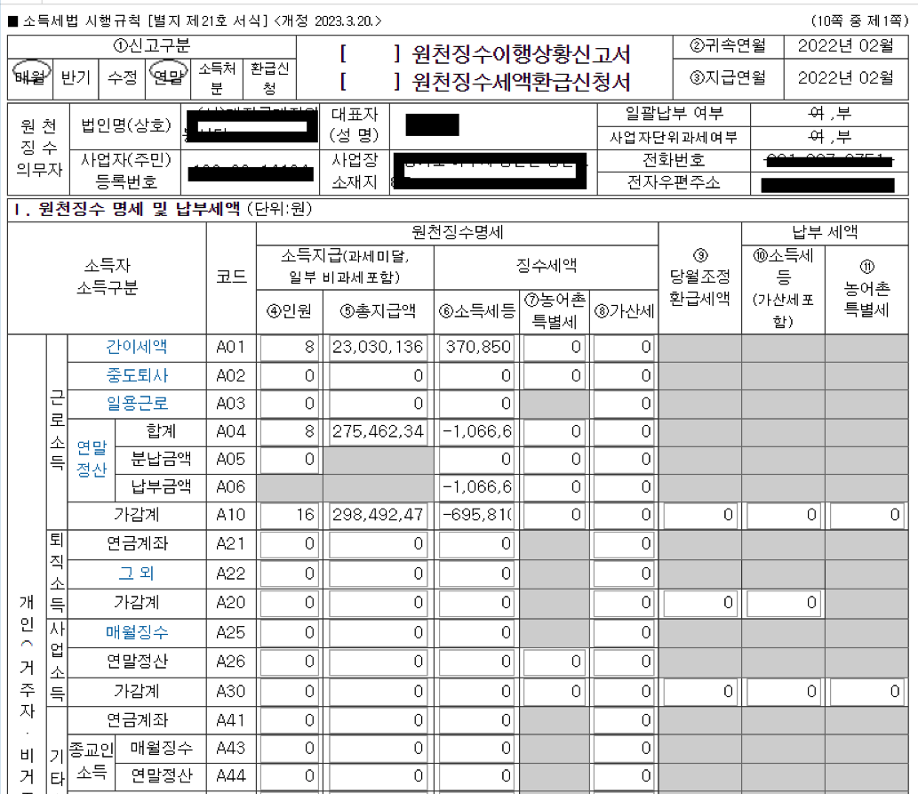 모닝글로리 연말정산 환급 원천징수이행상황신고서 작성법