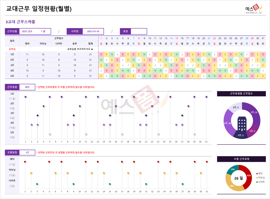 월별 교대근무 엑셀 템플릿 추천 교대 근무표 자동생성 근무 스케줄표 제공