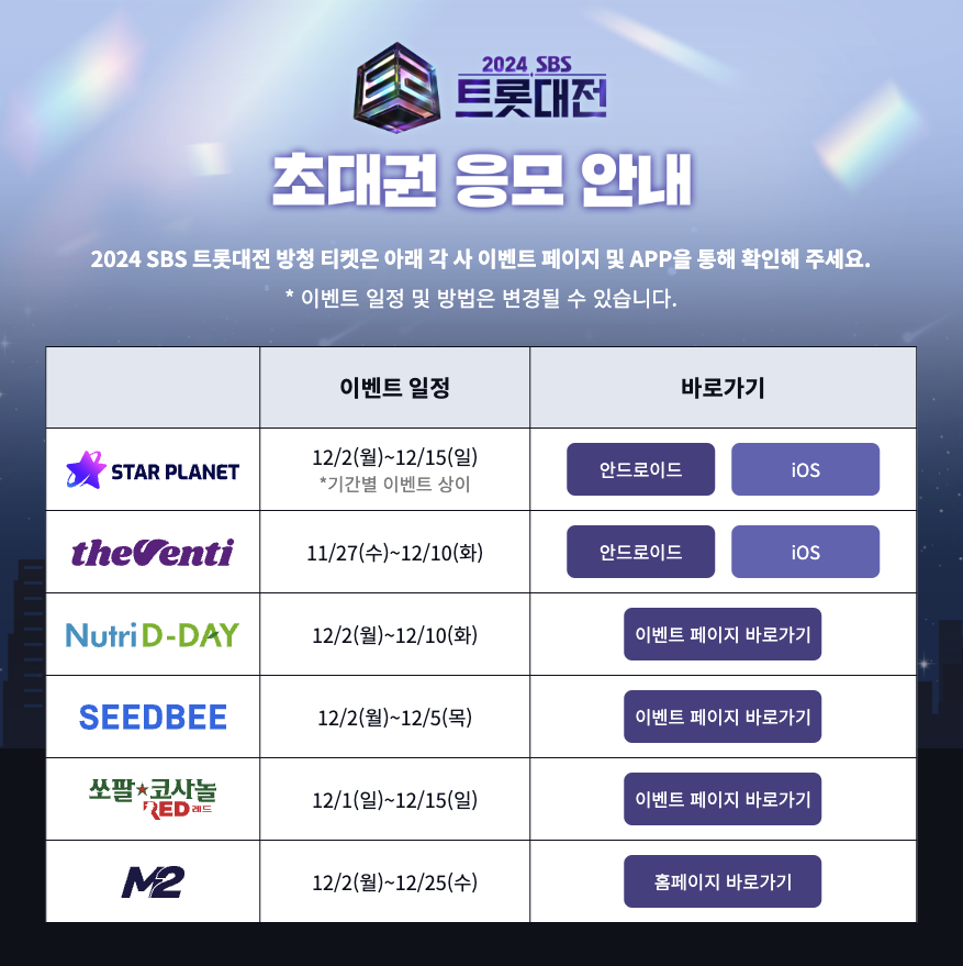 2024 SBS 트롯대전 방청 티켓 응모방법, 라인업 및 공연장 정보