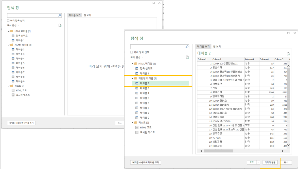 엑셀 파워쿼리를 통한 웹 데이터 불러오기