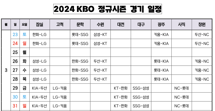 2024 KBO 정규시즌 경기 일정