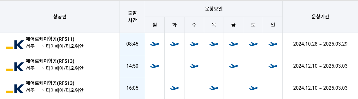 청주 대만 타오위안 비행시간 항공권 예매 청주공항 타오위안공항 비행기 시간표