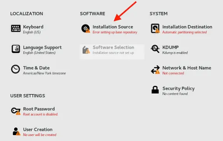 Installation Source 항목 Error setting up base repository 에러메시지 발생
