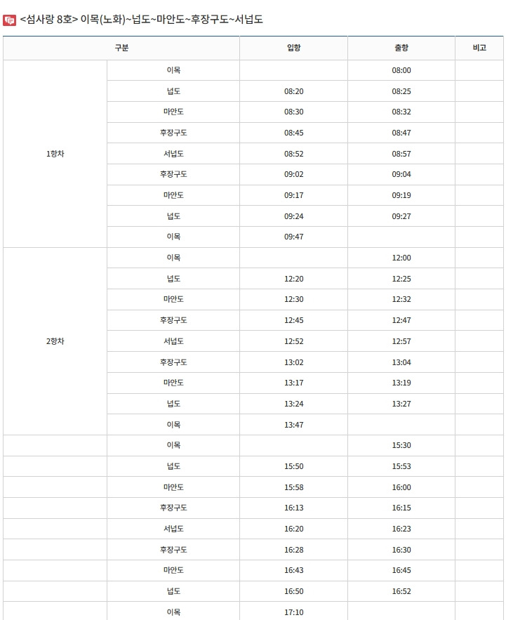 완도 여객터미널 시간표 및 노선도