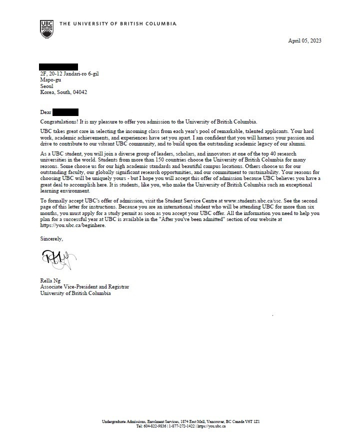 2023년 합격 4 캐나다 브리티시 컬럼비아 대학교 Ubc 과학대학 Bachelor Of Science 2023