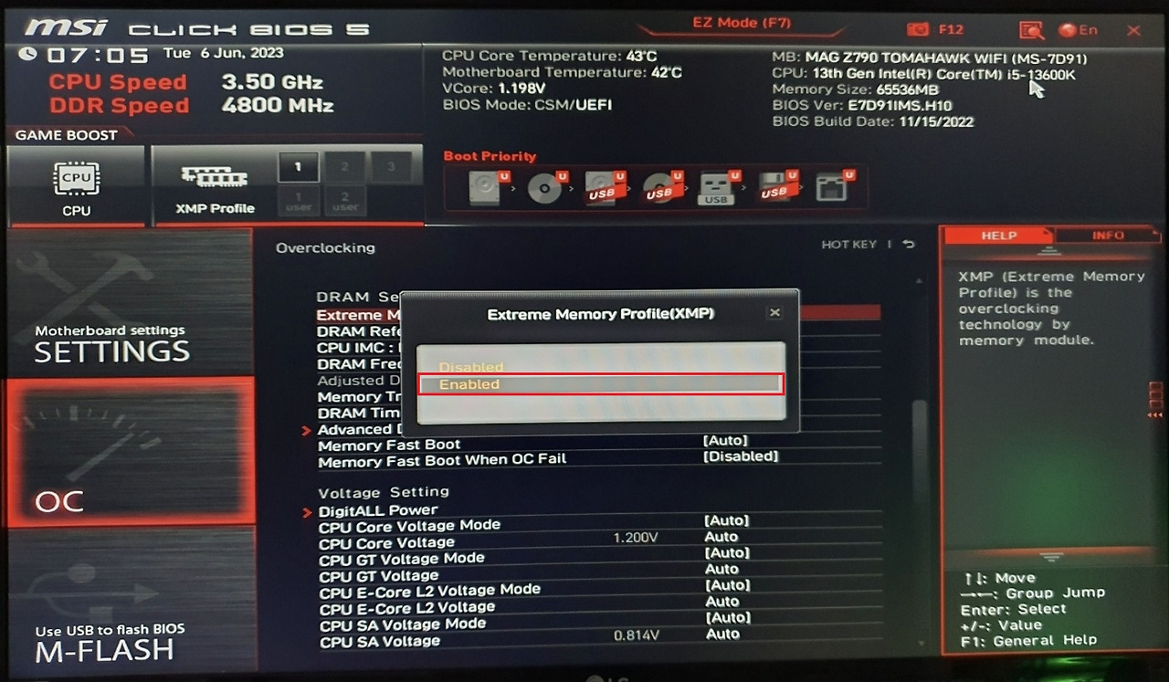 MSI XMP 메모리 설정 방법 - Extreme Memory Profile(XMP) Enabled