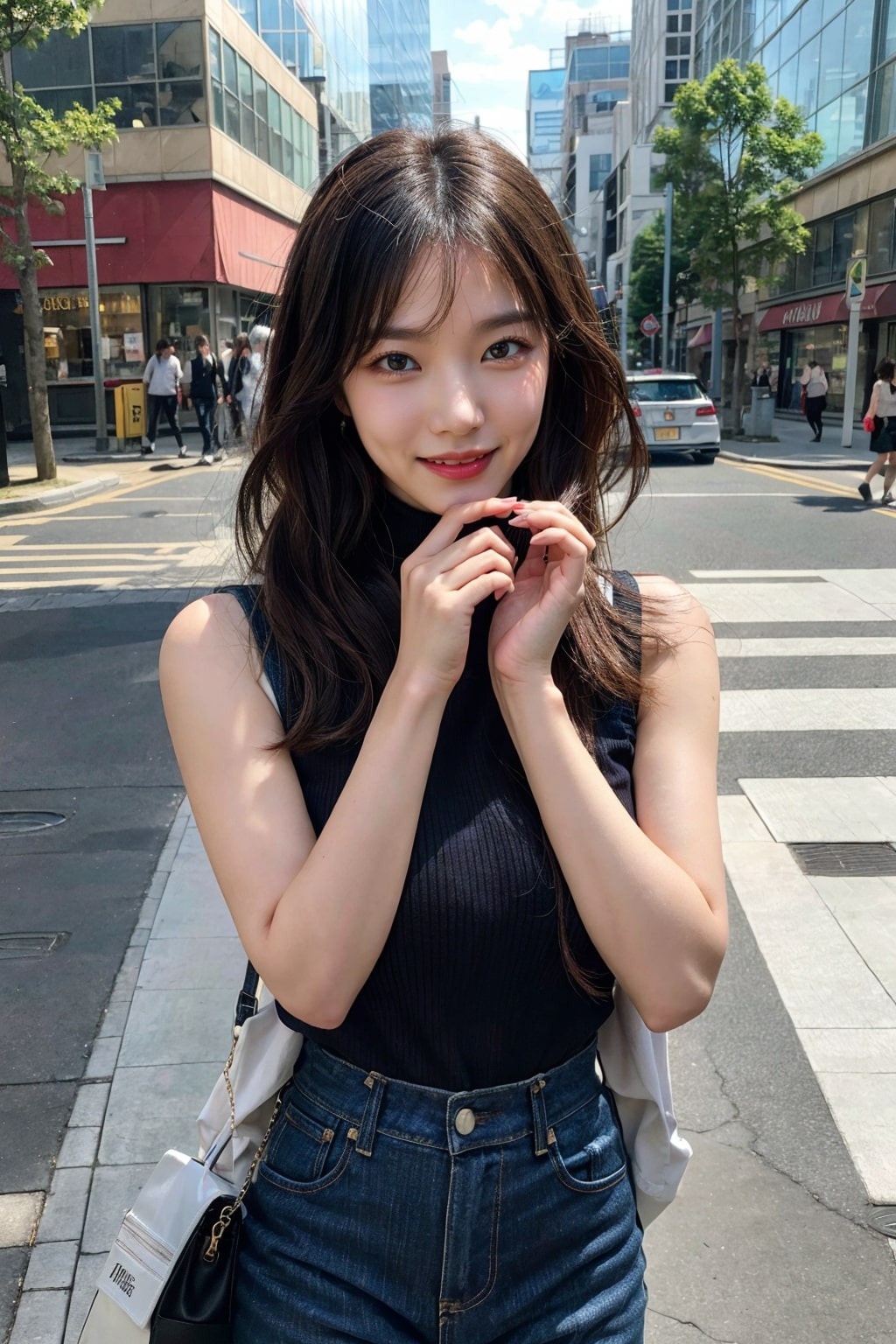 블랙 민소매 목폴라19호룩 입은 여자 이미지 생성하기