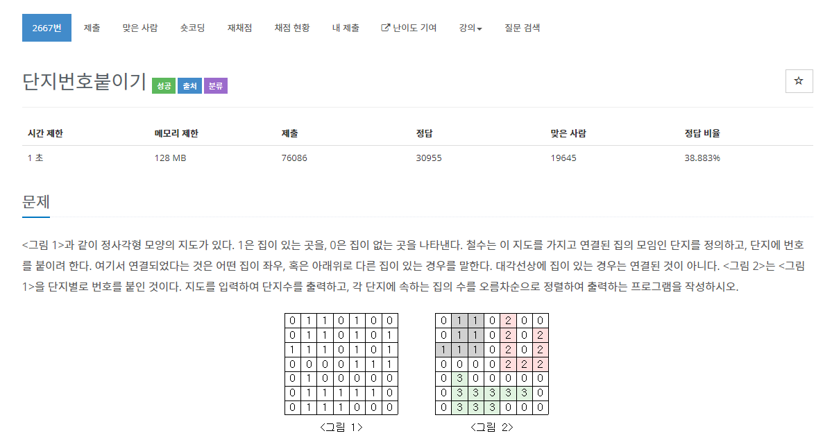 BOJ 2667 : 단지번호붙이기