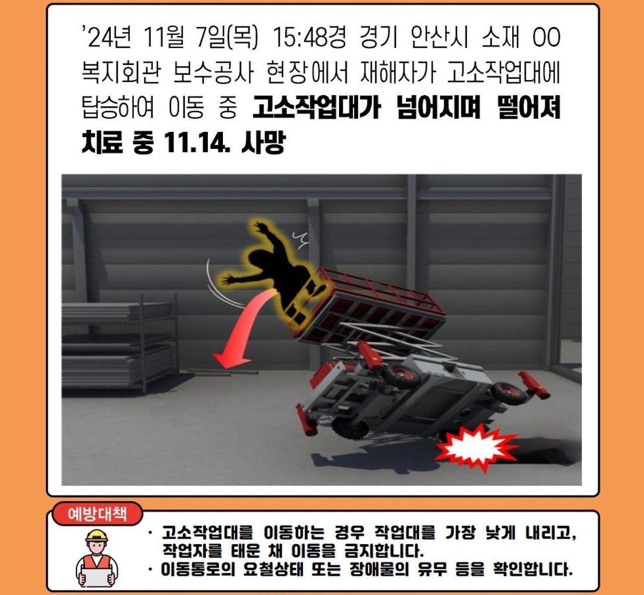 사고사례 241107 안산 단원구 아파트 보수공사 중 고소작업대 전도되어 추락 사망 건설장비 사고사례 및 법규