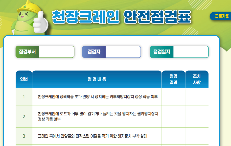 천장 크레인 안전작업재해발생 유형 재해사례 점검항목 안전 점검표