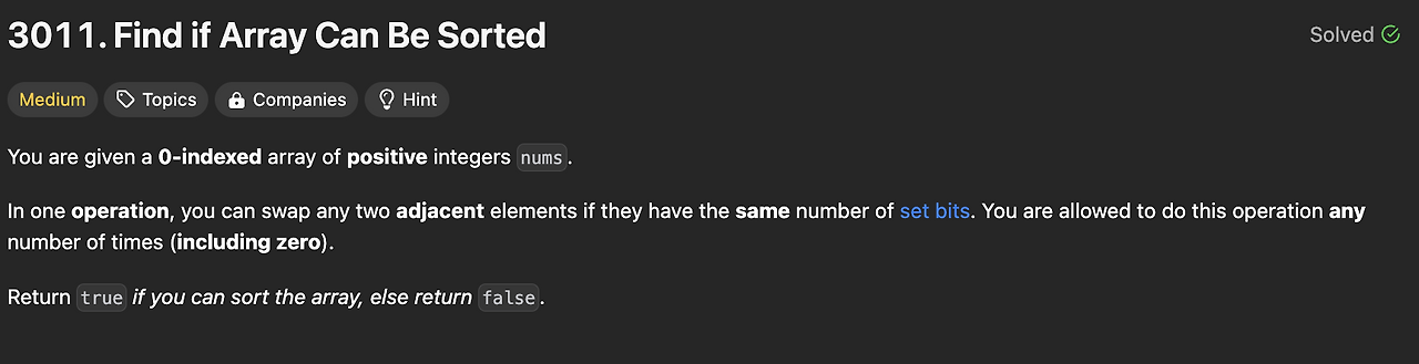 3011. Find if Array Can Be Sorted