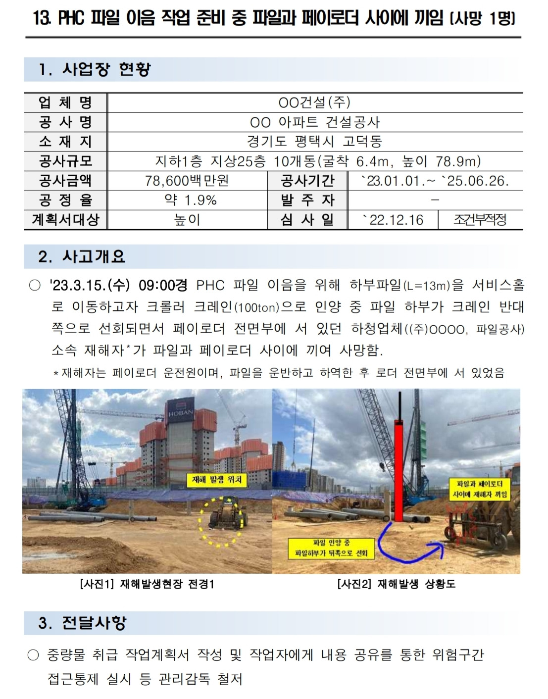 사고사례 230315 평택 고덕동 크레인으로 파일 자재 양중 중 협착 사고 건설장비 사고사례 및 법규
