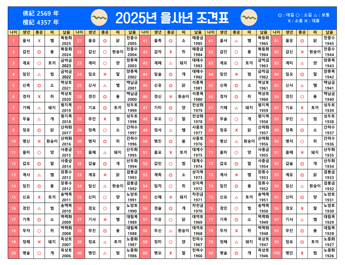 2025년 을사년 푸른 뱀의 해 조견표 단기 2569년 불기 4357년 을사년 나이 연령표