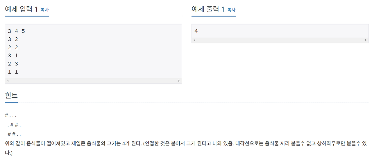 [알고리즘][Python] 백준(BOJ) 1743 음식물 피하기_파이썬