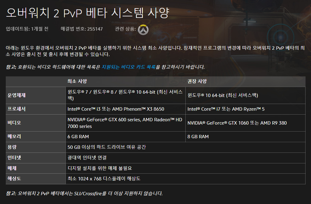 오버워치2overwatch2의 출시일과 Pc 최소 권장 사양 정보