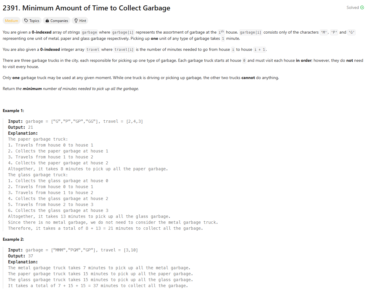 [Leetcode]2391. Minimum Amount of Time to Collect Garbage